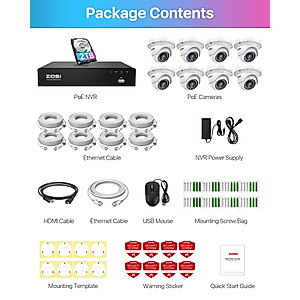 ZOSI 4K PoE Security Camera System with 2TB Hard Drive, 8 Ports 16CH 8MP NVR Recorder, 8pcs 3K 5MP Outdoor Indoor Home PoE Dome Cameras, Night Vision, Motion Alert, Remote Access, for 24/7 Recording