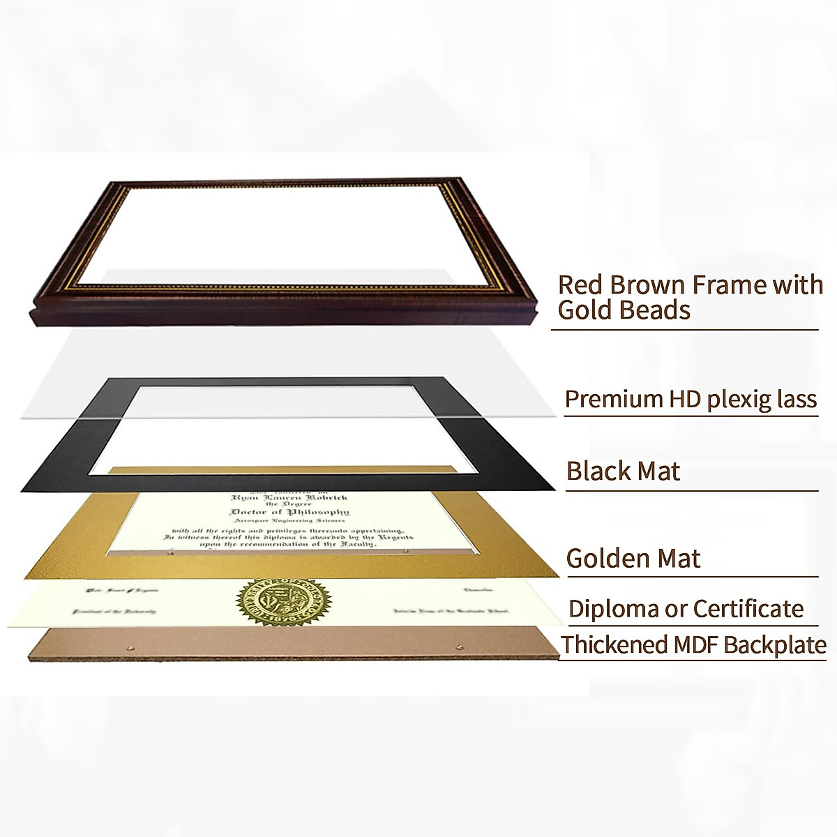 ASmileIndeep Diploma Frame 8.5 x 11 Degree Frame with Black Over Gold Mat,11x14 Diploma Frame for Document Degree with HD Plexiglass,Red Brown Finish with Gold Beads for Wall and Tabletop Display