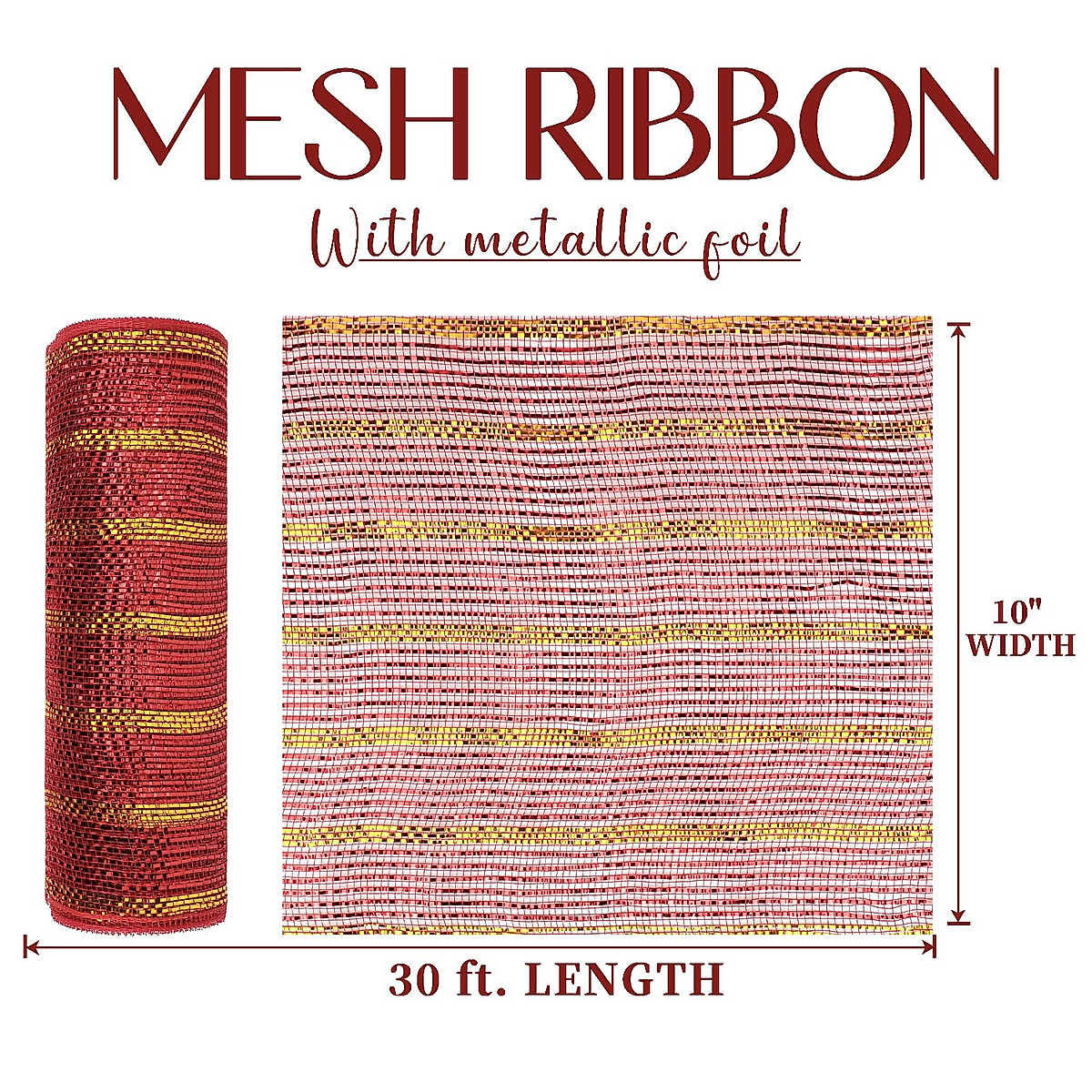 MEEDEE 10 Inch Mesh Ribbon Red and Gold Christmas Deco Mesh Metallic Red Mesh Ribbon with Metallic Gold Stripes 10 Yards Christmas Mesh for Wreaths Christmas Mesh Ribbon for Christmas Tree