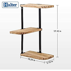Halter Floating Corner Shelves, Wall Mounted Corner Shelves, Hanging Shelves, Floating Corner Shelves with Metal Brackets for Bathroom, Bedroom, Bookshelves and More, 3 Tier, Brown Wood