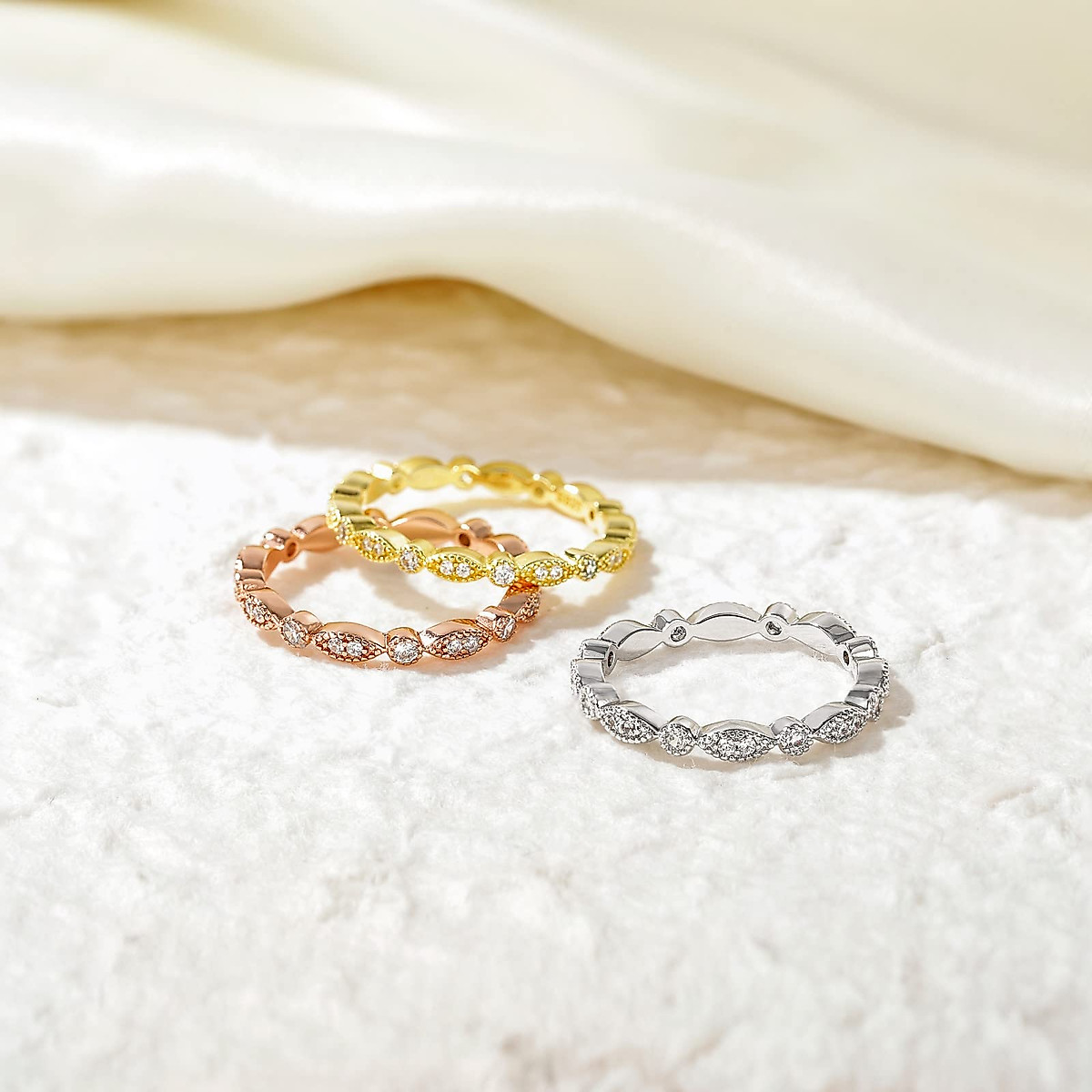 EAMTI 925 Sterling Silver Wedding Band for Women Cubic Zirconia Marquise & Round Milgrain Full Eternity Stackable Ring Size 7