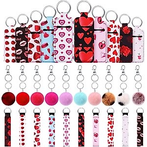 Junkin 40 Pcs Lipstick Holder Keychain Lip Holder Keychain Clip on Lipstick Pouch Fluffy Ball Keychain with Keyring (Heart Style)