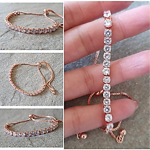Starain Tennis Bracelets for Women White Cubic Zirconia Bling Bracelet,Rose Gold Copper Beaded Bracelet Cuff Bracelet Set