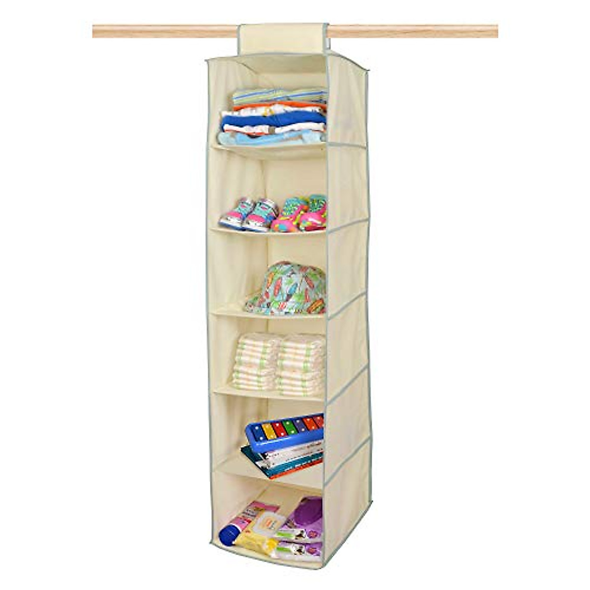 Smart Design Shelf Cubby Hanging Organizer w/ Hook & Loop - VentilAir Material - Clothing, Clothes, Accessories, & Closet Storage - Home Organization (6-Tier, Beige w/ Slate Trim)