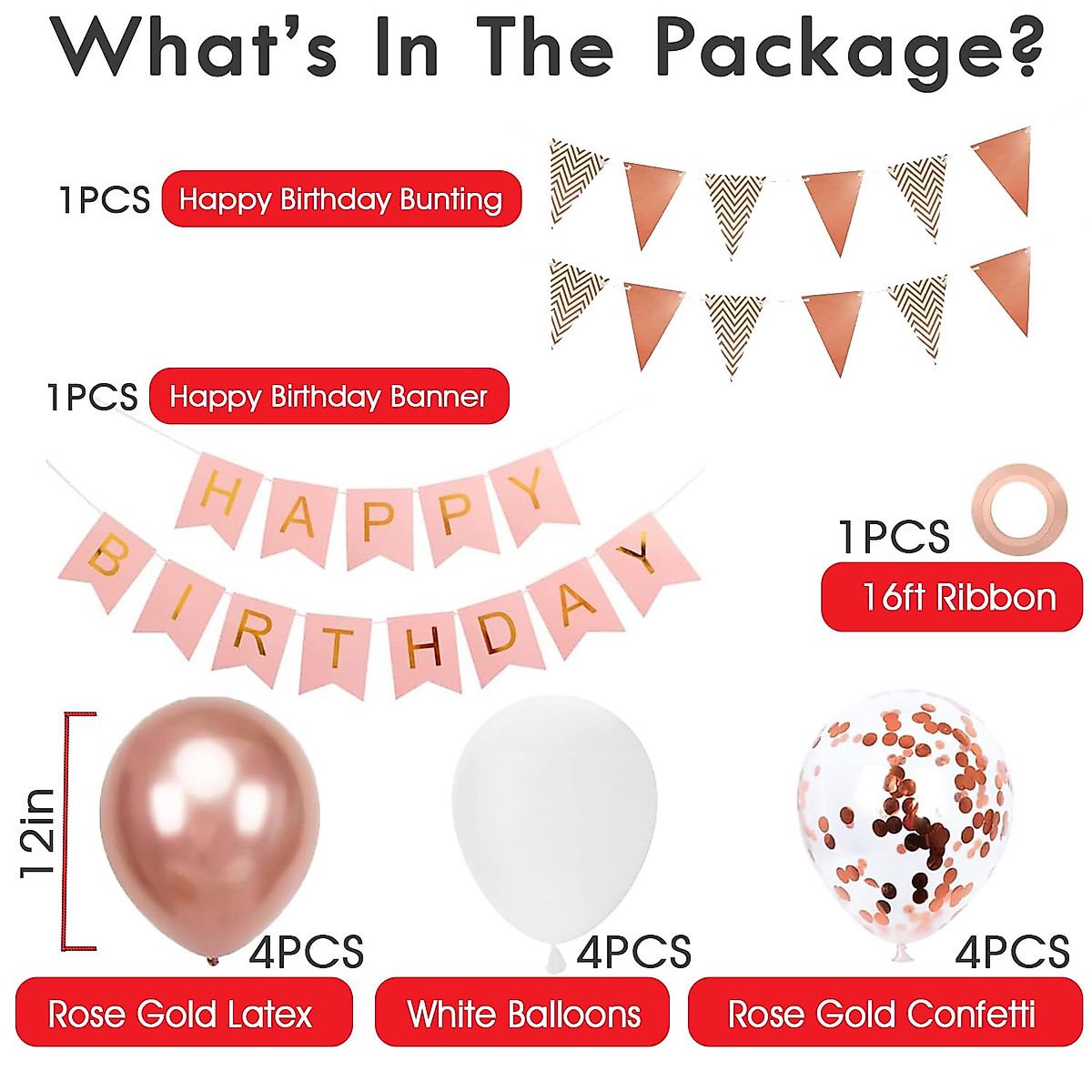 Buygain Happy Birthday Banner and Buntings, Happy Birthday Decorations Rose Gold Set Contains12inch Balloons, Ribbons and Birthday Banners, Happy Birthday Decorations For Women