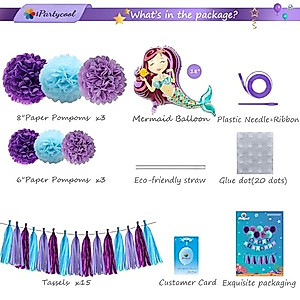 iPartycool, 60pcs Mermaid Birthday Decorations for Girls Women, Little Mermaid Party Decorations with Mermaid Balloons Happy Birthday Banner Pom Poms Hanging Swirls Tassels Confetti Shell Balloons