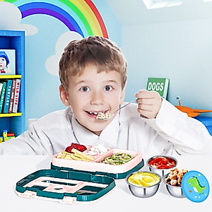 MAIGOZON Kids Salad Dressing Containers To Go, 1.7 oz Small Condiment Containers with Dinosaurs Leakproof Silicone Lids, Reusable Stainless Steel Sauce Dip Cup for Kids Boys Lunch Bento Box, 4PCS