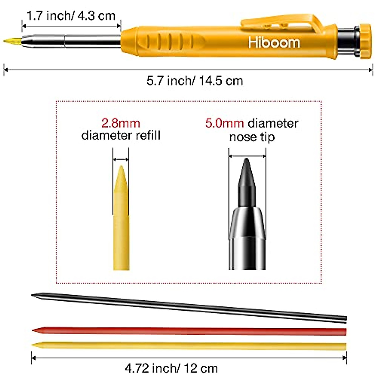 Hiboom 3 Pack Solid Carpenter Pencil with 21 Refill, Long Nosed Deep Hole Mechanical Pencil Marker with Built in Sharpener for Carpenter Fathers Day Gift (Yellow, Red, Black Cover)