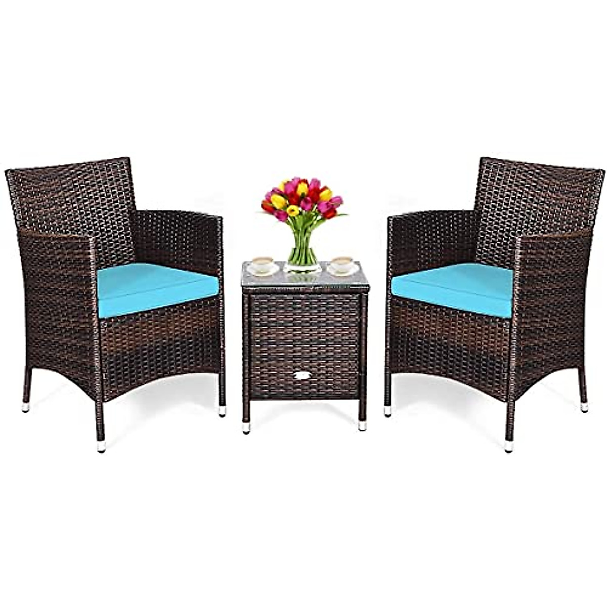 HAPPYGRILL 3-Pieces Patio Furniture Set Outdoor Rattan Wicker Conversation Set with Coffee Table Chairs & Cushions for Patio Garden Lawn Backyard Poolside