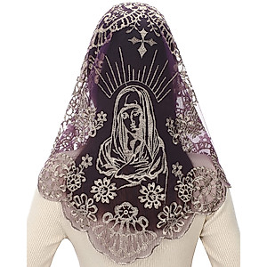 Bozidol Triangle Church Mantilla Veil Catholic Mass Chapel Lace Veil Religious Christian Gift for Women (Purple-Gold)