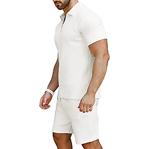 KUYIGO Men's Polo Shirt and Shorts Set Summer White Beach Outfits for Men2 Piece Tracksuit White 3XL