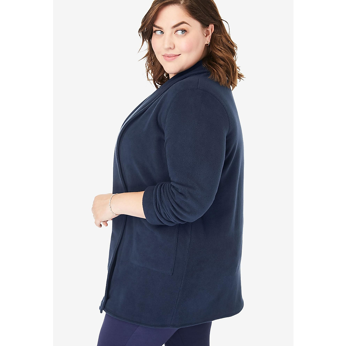 Woman Within Plus Size Microfleece Cardigan Shawl Collar Oversized Long Open Jacket - 1X, Medium Heather Grey