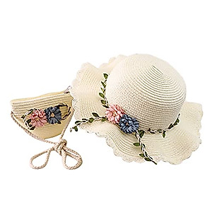 Hat Sun + Bag Children Sunscreen Sunshade Girls Hat Flower Beach Kids Hat Baby Sun Hats (White, One Size)