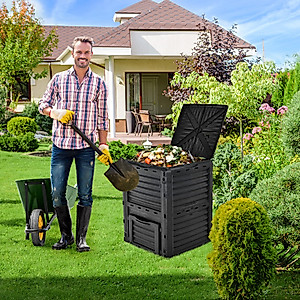 Goplus Compost Bin, 80 Gallon (300 L) Large Outdoor Composting Box w/Top Flip Latch-on Lid, Bottom Exit Door, BPA Free Material, Grass Food Trash Composter Barrel for Garden Yard (Black)