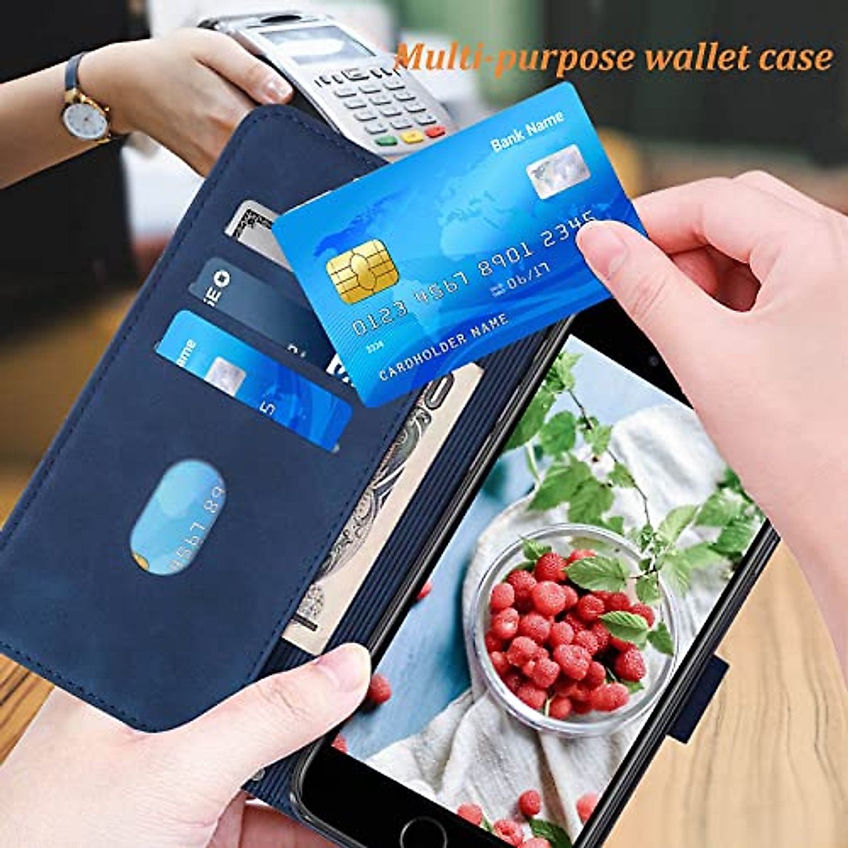 Moment Dextrad for iPhone SE 2022 Case Wallet,iPhone 8/7 Case,SE 2020 Case,6/6S Case,[Kickstand][Wrist Strap][Card Holder Slots] PU Leather Protective Folio Flip Cover (Blue)