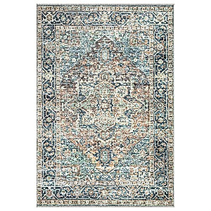 Bloom Rugs Caria Washable Non-Slip 5x7 Rug - Blue Green/Tangerine Area Rug for Living Room, Bedroom, Dining Room and Kitchen - Exact Size: 5' x 7'