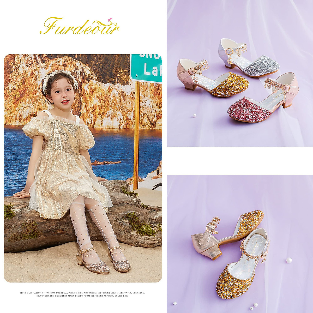 Furdeour Girls Sandals Gold Size 2 High Heels Party Little Kid Flower Big Kid Girl Princess Wedding Prom(2902Gold 2)