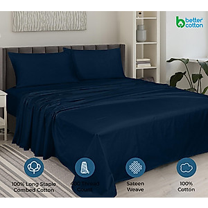 ROYALE LINENS 400 Thread Count 100% American Grown Cotton 4 Piece Sateen Queen Sheet Set - 1 Fitted Sheet, 1 Flat Sheet, 2 Pillow case - Navy Queen Bedsheet - Cotton Sheets - (Queen, Rivera Navy)