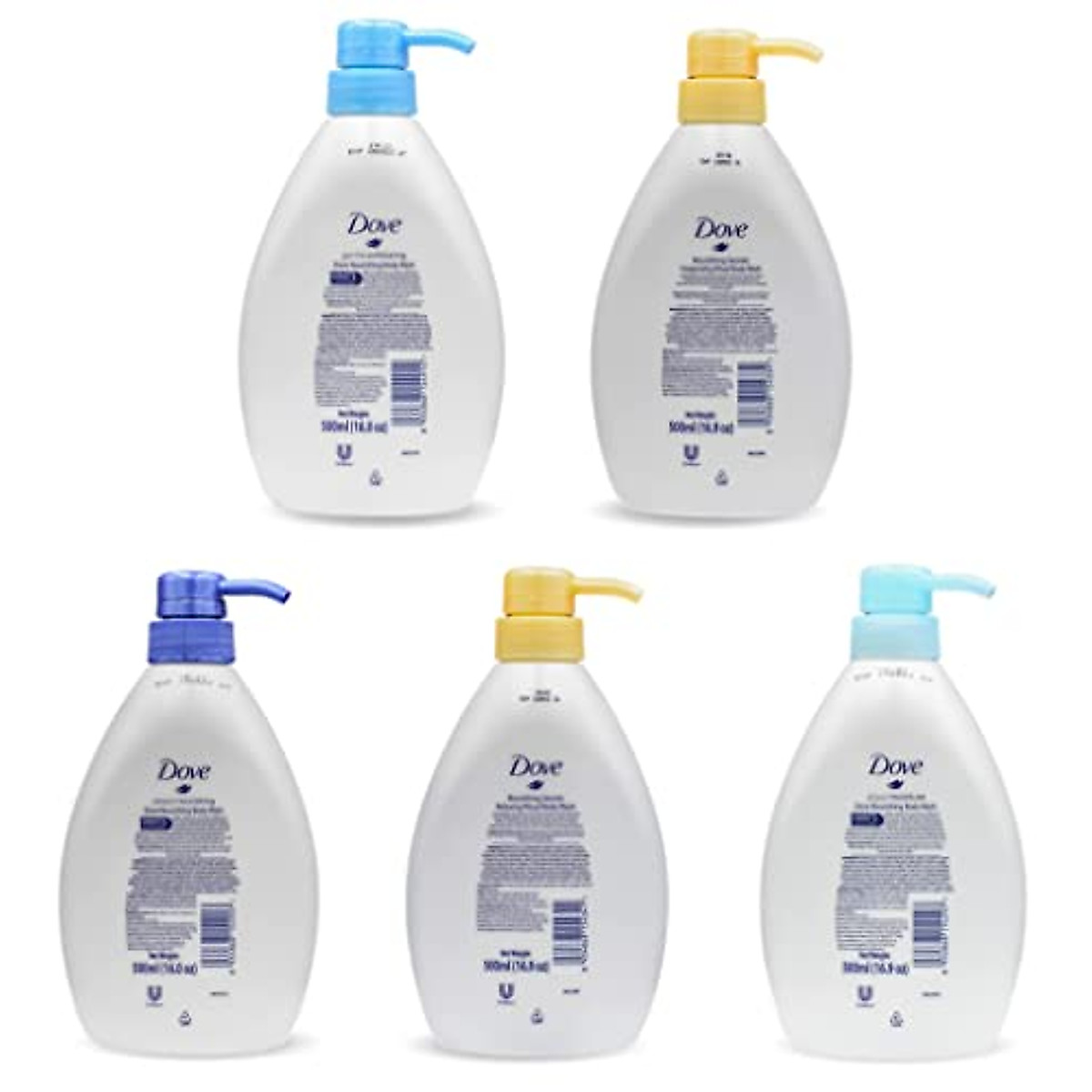 Dove Body Wash Variety of 5 Scents with Pump, Plant Based, Nourishing, Exfoliating, Cleansing, - 500 ML (16.9 fl Ounce)