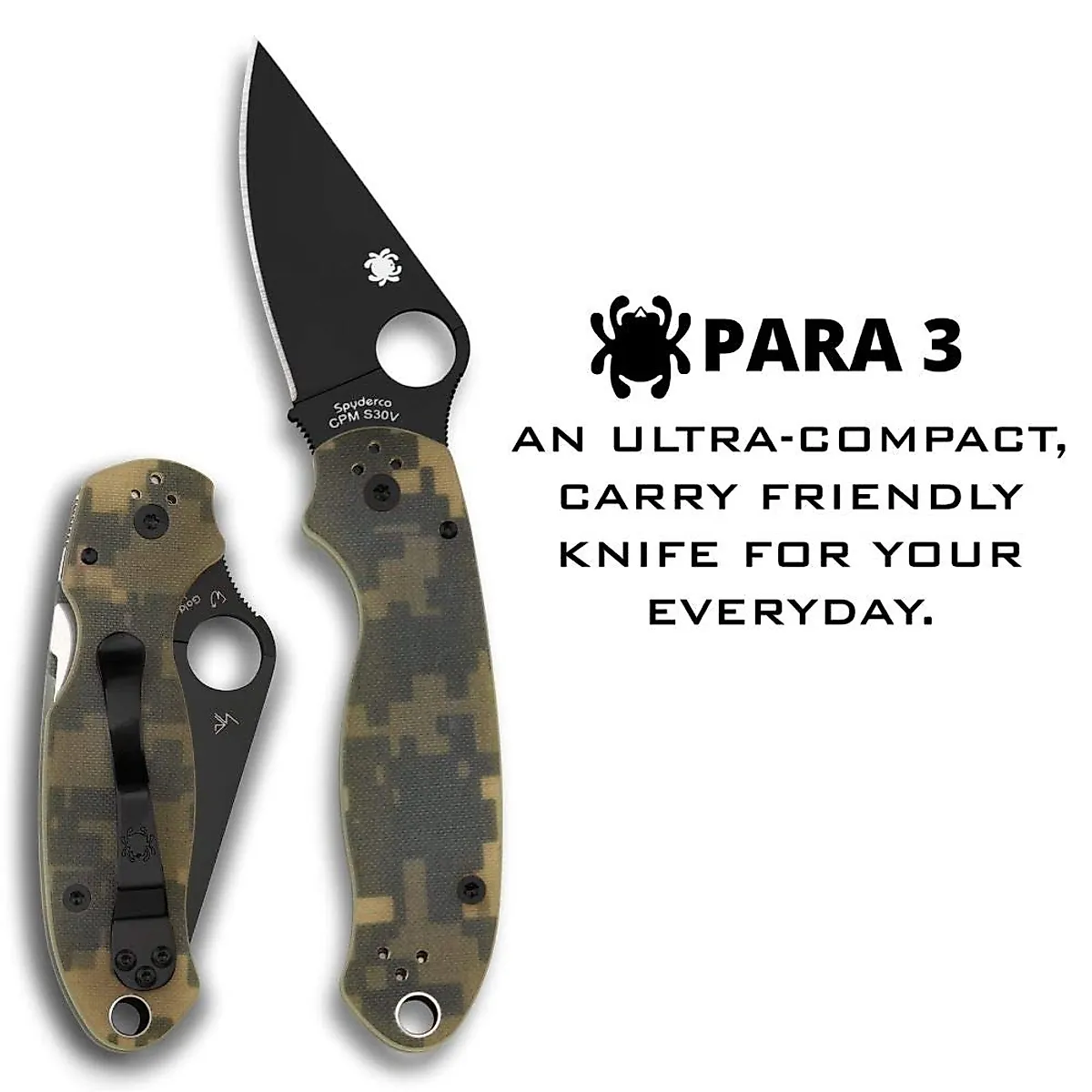 Spyderco Para 3 Camo Signature Folding Utility Pocket Knife with 2.95" Black CPM S45VN Blade and G-10 Handle - Everyday Carry - PlainEdge - C223GPCMOBK