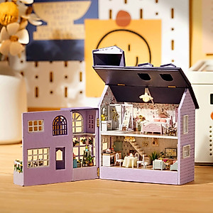 Spilay Dollhouse DIY Miniature Wooden Furniture Kit,Mini Handmade Doll House with LED,1:24 Scale Creative Woodcrafts Toys for Adult Friend Lover Birthday Gift D32