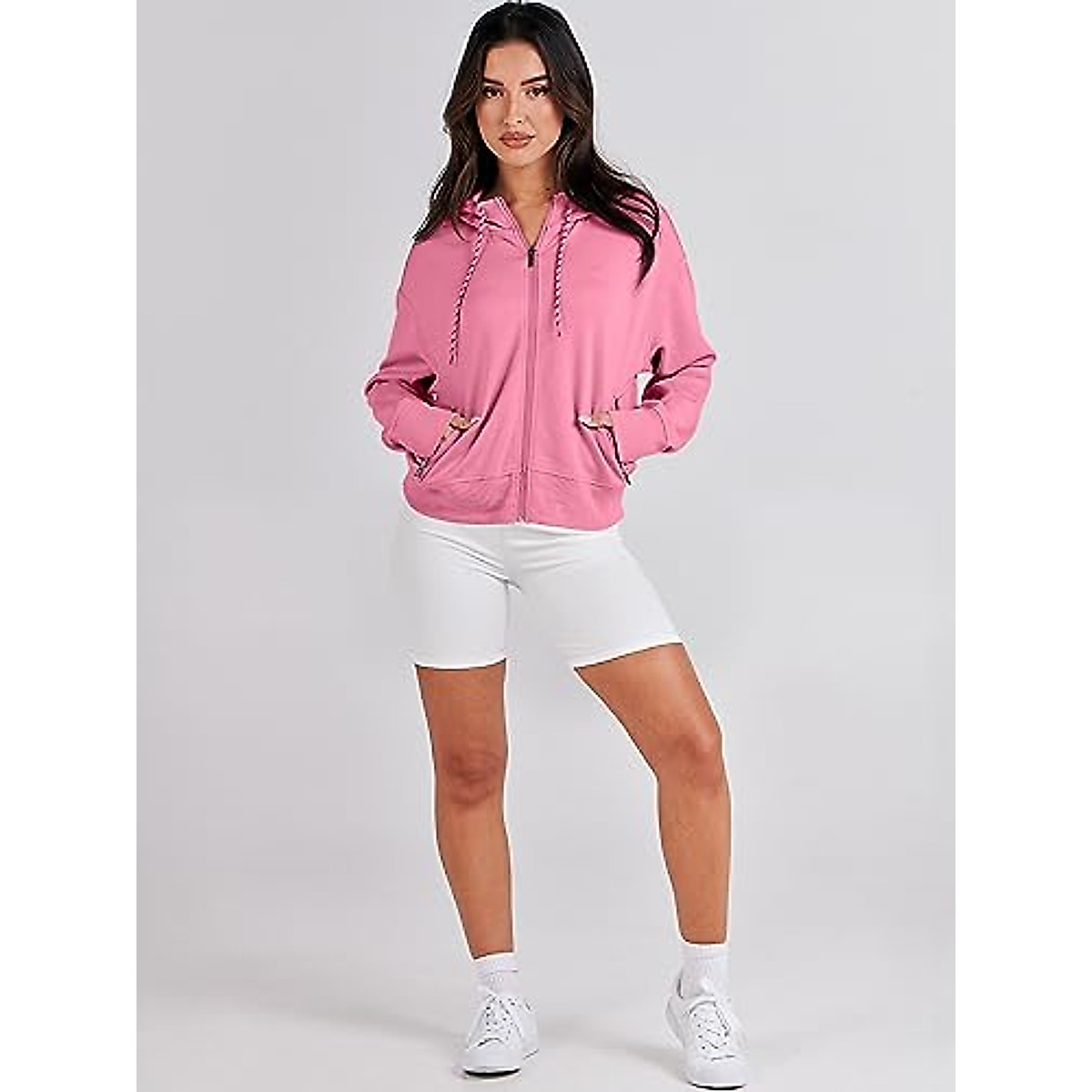 Caracilia Women's Full Zip Up Hoodies Cropped Drawstring Sweatshirts Teen Girl Cute Y2K Lightweight Preppy Pink Hooded Casual Preppy Jackets 2023 Fall Winter Fashion Clothes C114A8-yanfen-XL