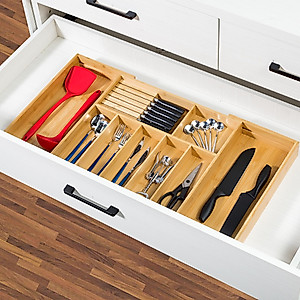 VaeFae Extra Large Kitchen Utensil Holder, Bamboo Silverware Drawer Organizer, Expandable Cutlery Organizer with Knife Block, Multifunctional Wooden Drawer Divider