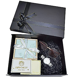 MYGOGOART Large Black Gift Box 11.2x8.2x4.2 Inches with Lid, Ribbon Bow, Shredded Raffia Paper Fill, Greeting Card and Envelope for Wedding Birthday Valentines Bridal Gifts (1 pack, Black)