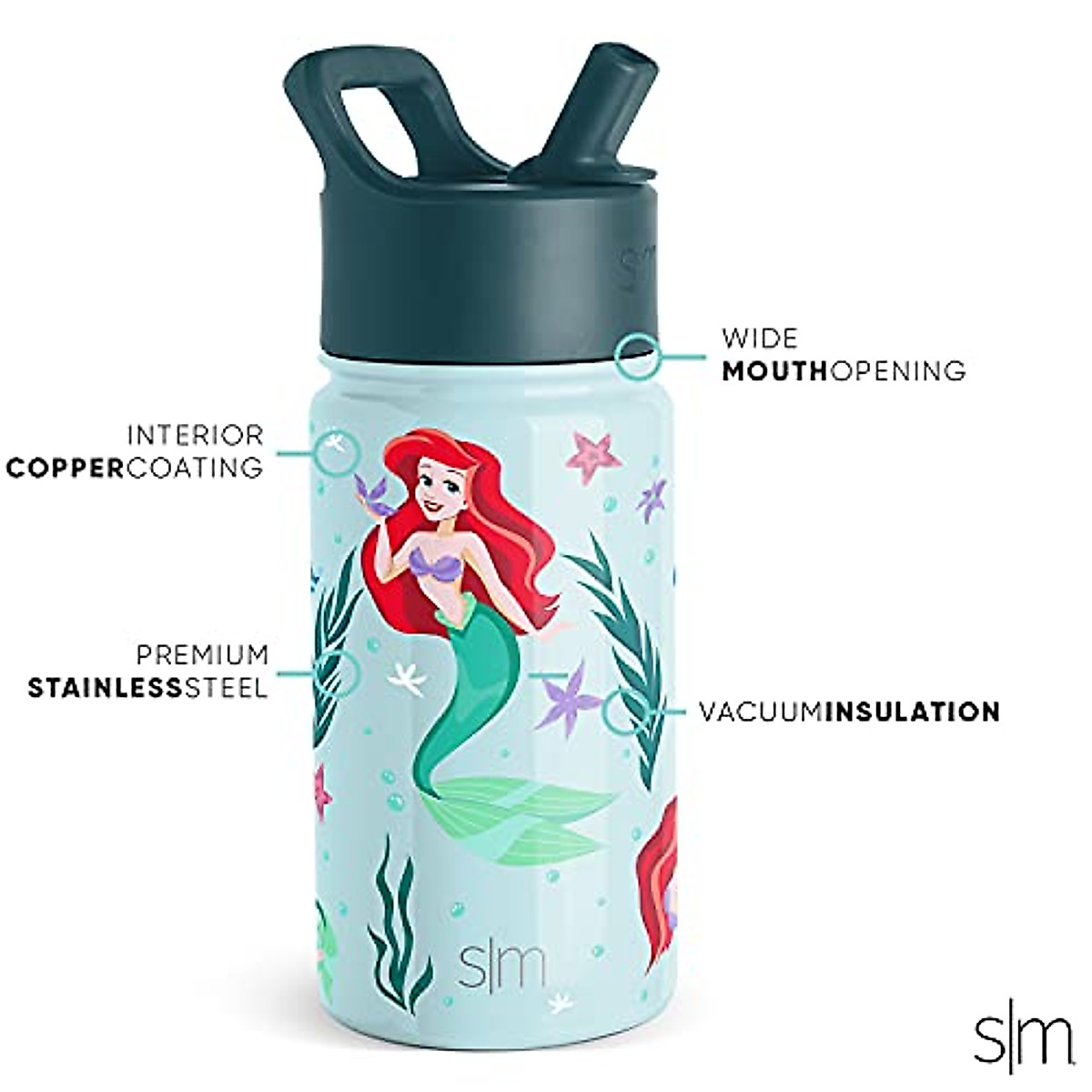 Simple Modern Disney The Little Mermaid Ariel Kids Water Bottle with Straw Lid | Reusable Insulated Stainless Steel Cup for School | Summit Collection | 14oz, The Little Mermaid Ariel's Treasures