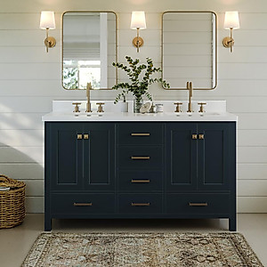 ARIEL Double Bathroom Vanity 61" Midnight Blue, 1.5" Edge Pure White Quartz Countertop & Splash, Rectangular Sinks, 4 Soft Closing Doors, 6 Full Extension Dovetail Drawers, Satin Brass