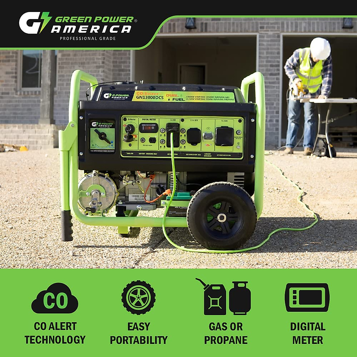 Green-Power America Dual Fuel Portable Generator 13000 Watt,Gas or Propane Powered,Electrical/Recoil Start, Equipped with CO-Seizer CO Protection System