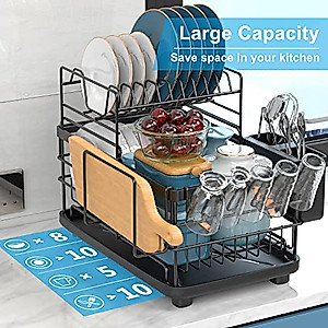 Aonee Dish Drying Rack, 2 Tier Dish Rack with Drainboard, Cutlery Holder, Cutting-Board Holder, Cup Holder and 3 Hooks, Large Dish Racks for Kitchen Counter, Rust-Proof Dish Drainer, Black