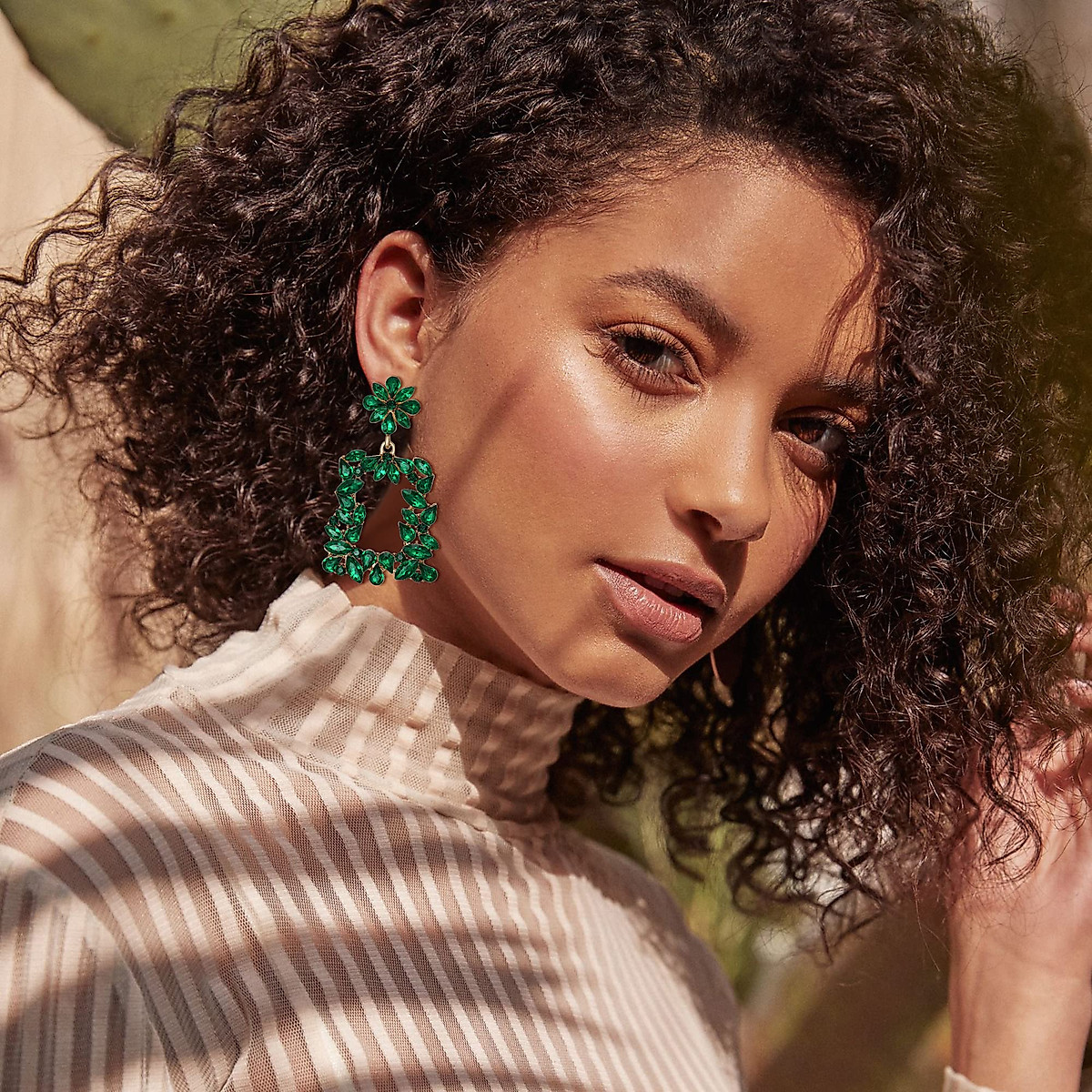 BriLove St.Patrick's Day Earrings Art Deco Sparkly Rhinestone Marquise Rectangle Flower Statement Dangle Earrings for Women Emerald Color Gold-Tone