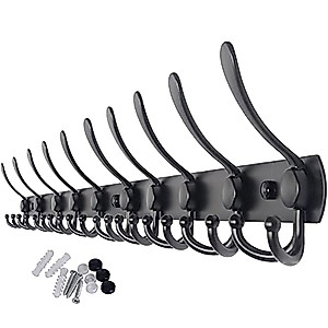 WEBI Coat Rack Wall Mounted,37 5/8'' Long,10 Hooks,Coat Hooks Wall Mounted,16'' Hole to Hole,Coat Hanger Wall,Triple Hooks for Hanging Coats,Clothes,Jacket,Hats,Black