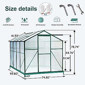 KELRIA 6x8 FT Hybrid Polycarbonate Greenhouse with Lockable Hinged Door, Sliding Door and 2 Vent Window, Walk-in Hobby Greenhouse Aluminum Hot House for Outdoor Garden Backyard, Green