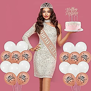 36PCS Birthday Decorations for Women Including Birthday Queen Sash, Crown, Birthday Cake Topper, Birthday candles and Balloons, Rose Gold Birthday Party Decorations Favors.