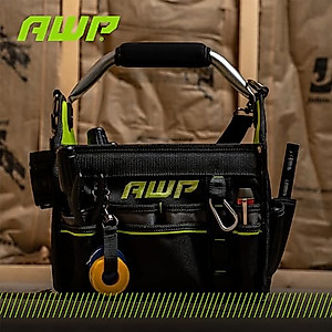 AWP 12 Inch Pro Tool Tote with Rotating Handle for Easy Tool Access, Water-Resistant Construction, Black/Green