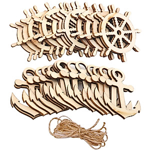 KCHEX 30 Pcs Wooden Anchor Rudder Shape Decoration to Paint, Unfinished Small Wood Anchor Rudder Cutouts for Arts Crafts DIY Projects Home Party Decoration