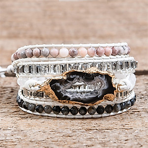 YGLINE Handmade Wrap Bracelet Turquoise, Jasper & Amazonite Natural Stones Leather Charm 5 Strands Boho Bracelet