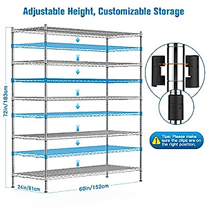 Raynesys Wire Shelving with Wheels, 3000Lbs Heavy Duty NSF-Certified Metal Storage Shelf, Commercial-Grade Adjustable Utility Rack with Shelf Liners Set of 5, 5-Tier 60x24x72 in, Chrome