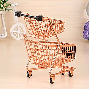 Wowagoga Mini Metal Shopping Cart Supermarket Handcart Trolley, Table Office Novelty Decoration, Creative Storage Tools (Rose Gold, Double-Deck)