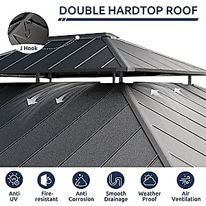 UDPATIO 12' x 14' Hardtop Gazebo, Galvanized Steel Double Roof Permanent Aluminum Gazebo, Outdoor Metal Pergolas with Mosquito Netting and Curtains for Garden, Parties, Patio, Deck, Lawns, Grey