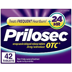 Prilosec OTC, Omeprazole Delayed Release 20mg, Acid Reducer, Treats Frequent Heartburn for 24 Hour Relief, All Day, All Night*, 20mg, 42 Tablets