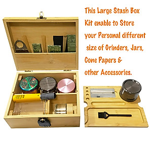 Shomory Wooden Smell Proof Stash Box with Rolling Tray Combo, Bamboo Large Locking Kit Glass Jar Paper, Secret Storage Herb Accessories
