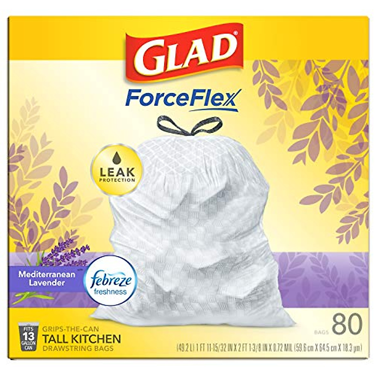 Glad ForceFlex Tall Kitchen Drawstring Trash Bags 13 Gallon White Trash Bag, Mediterranean Lavender scent with Febreze Freshness 80 Count (Package May Vary)