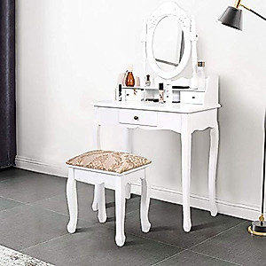 Giantex Vanity Set Makeup Dressing Table with Mirror, White Vanity Tables for Bedroom Bathroom Large Dress Table Vanity Desk with Padded Bench Chair, Vanities with Stool
