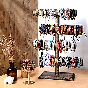 LadyRosian 4 Tier Wooden Display Jewelry Accessory Stand Jewelry Bracelet Holder Bangle Watch Necklace Storage Jewelry Holder Stand Display Organizer, Brown
