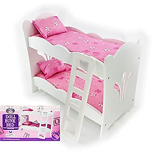 Matty's Toy Stop 18 Inch Doll Furniture White Wooden Bunk Beds with 2 Pink Pillows, 2 Pink Cushions & Ladder - Fits American Girl Dolls
