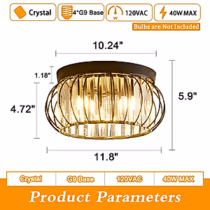 BUXVRCS Modern Crystal Chandelier, 4-Light Flush Mount Ceiling Light Fixtures, Overhead Light Fixture Black Ceiling Lamp for Hallway Bedroom Bathroom Living Room Kitchen G9 Socket