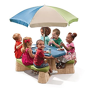 Step2 Naturally Playful Kids Picnic Table With Umbrella - Step2 Outdoor Toys with Seating for 6 Children - Kids Patio Furniture Blue & Green with Faux Stone Detail